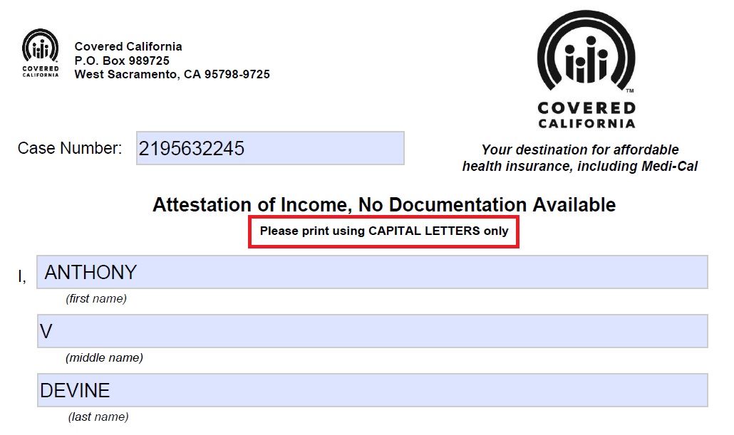New Covered California Income Attestation Form for Artificial ...
